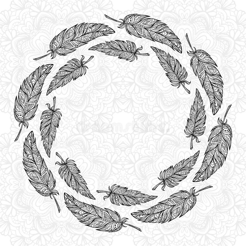 Vector Round Zendoodle Feathers Frame Stock Vector - Illustration of ...