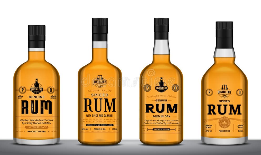 Vector Rum Labels. Rum Glass Bottle Mockups Stock Vector - Illustration ...
