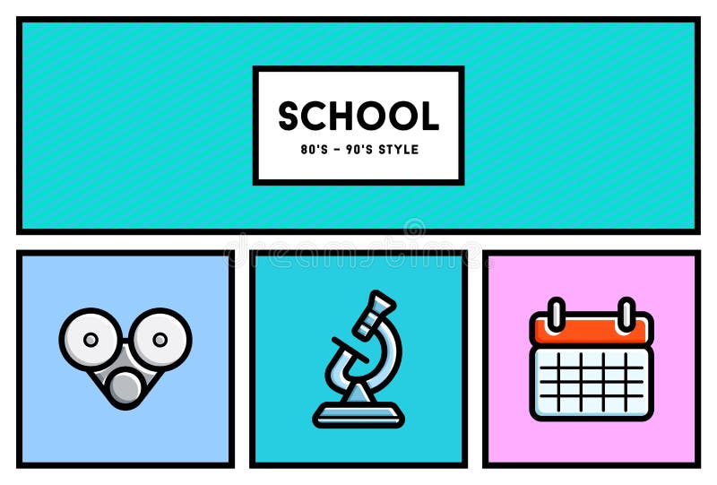 Vector 80 S or 90 S Stylish School Education Icon Set with Retro Stock ...