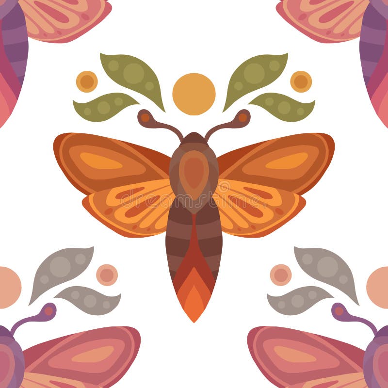 Vector Sacral Seamless Pattern with Moths, Leaves and Moons on White ...