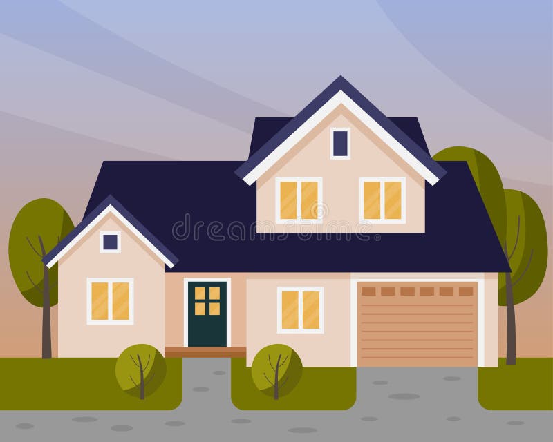 Vector Scene with House in the Evening. Two Story House with a Garage ...