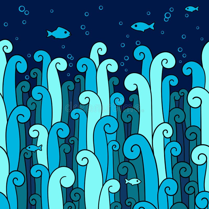 Vector Sea Design. Seaweeds Pattern with Fishes and Bubbles Stock ...