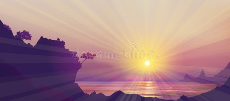 Vector sea scene sun set. stock vector. Illustration of island - 87514649