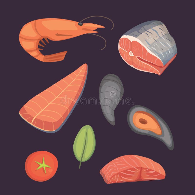 Vector Seafood Illustrations Set Flat Fresh Fish and Crab. Lobster and ...