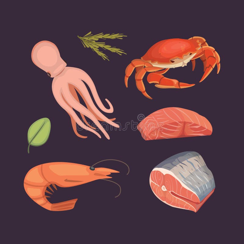 Vector Seafood Illustrations Set Flat Fresh Fish and Crab. Lobster and ...