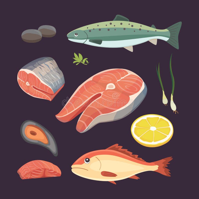 Vector Seafood Illustrations Set Flat Fresh Fish Stock Vector ...