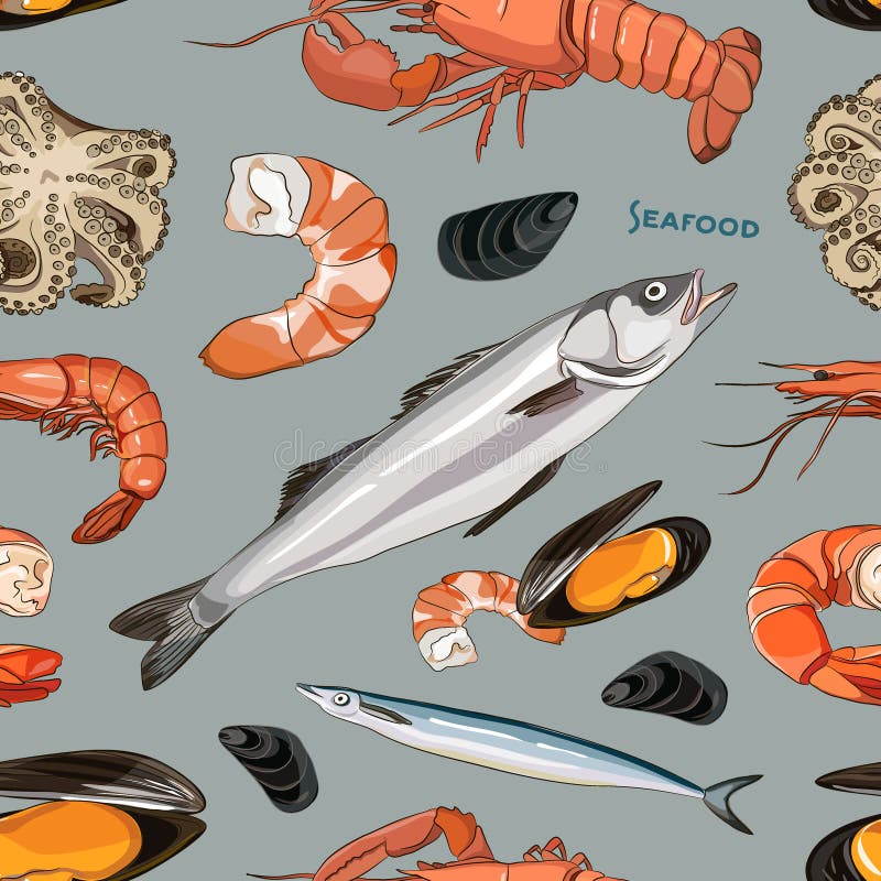 Vector Seafood set pattern stock vector. Illustration of exotic - 87265520