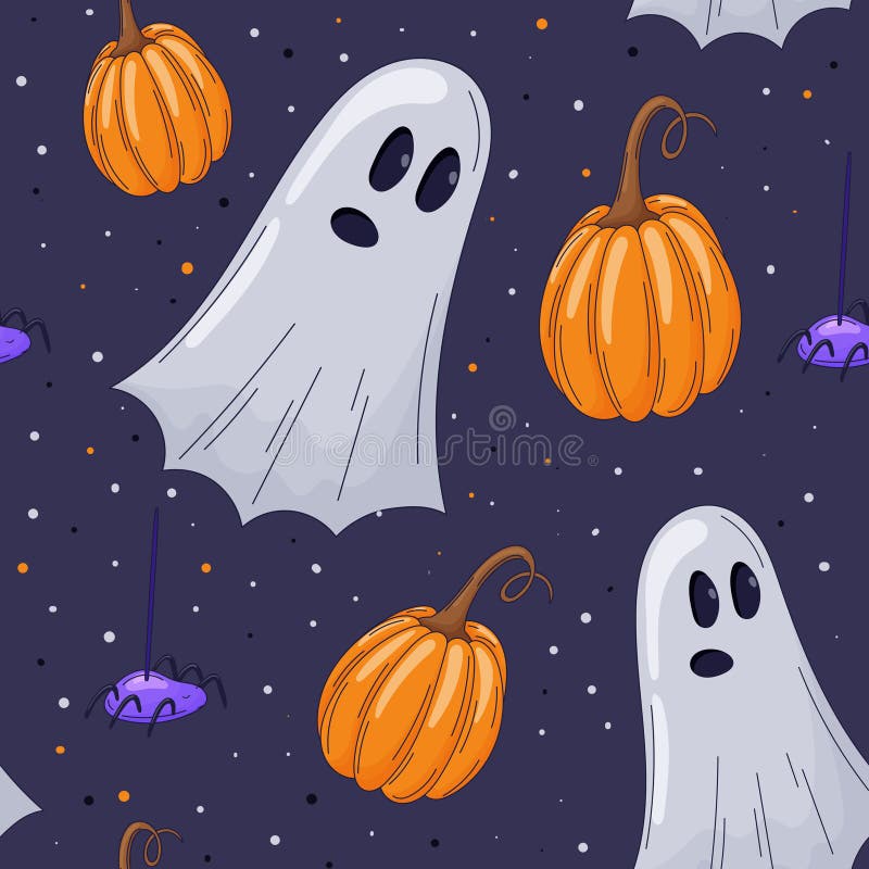 Vector Seamless Autumn Halloween Pattern. Cartoon Cute Ghost, Pumpkin ...