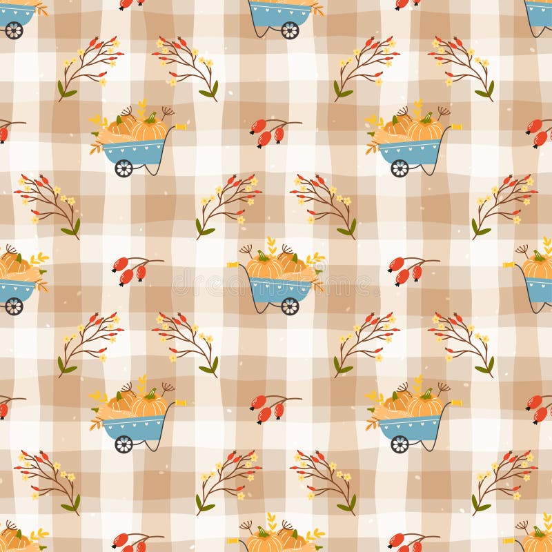 Vector Seamless Autumn Pattern Featuring Pumpkins in Carts and Rustic ...