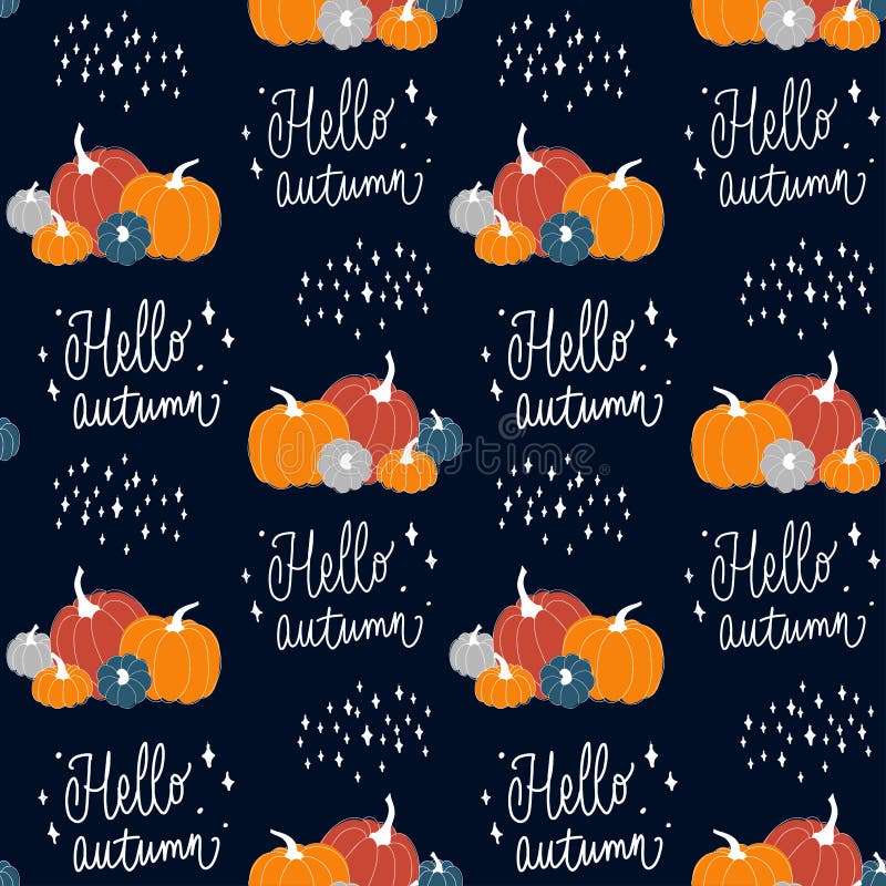 Vector Seamless Autumn Pattern of Orange, Red, Blue, and Grey Pumpkins ...