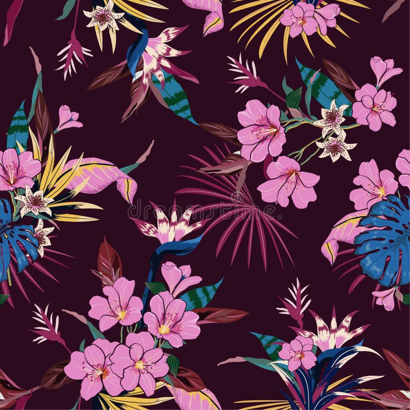 Vector Seamless Beautiful Artistic Dark Tropical Pattern with Ex Stock ...