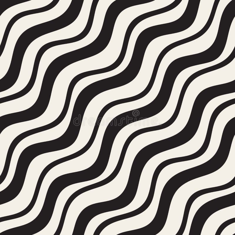 Vector Seamless Black And White Hand Drawn Diagonal Wavy Lines Pattern