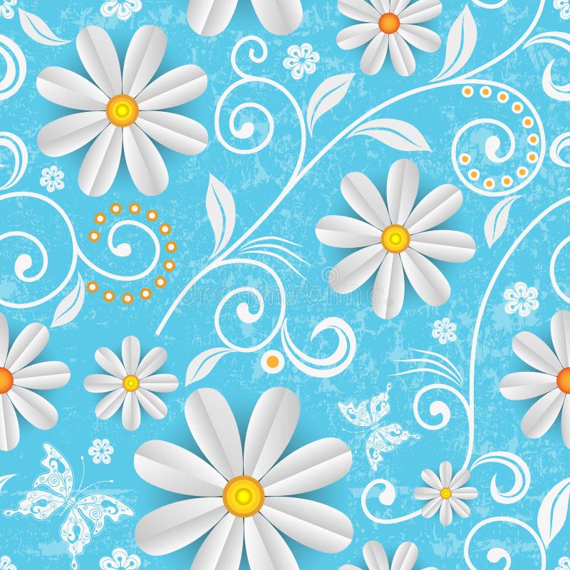Vector Seamless Bright Blue Spring Pattern with White Daisies Stock ...