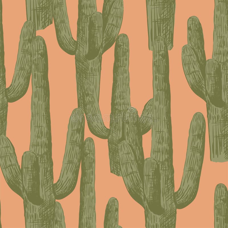 Vector Seamless Cactus Pattern.Vintage Hand Drawn Illustrations with ...