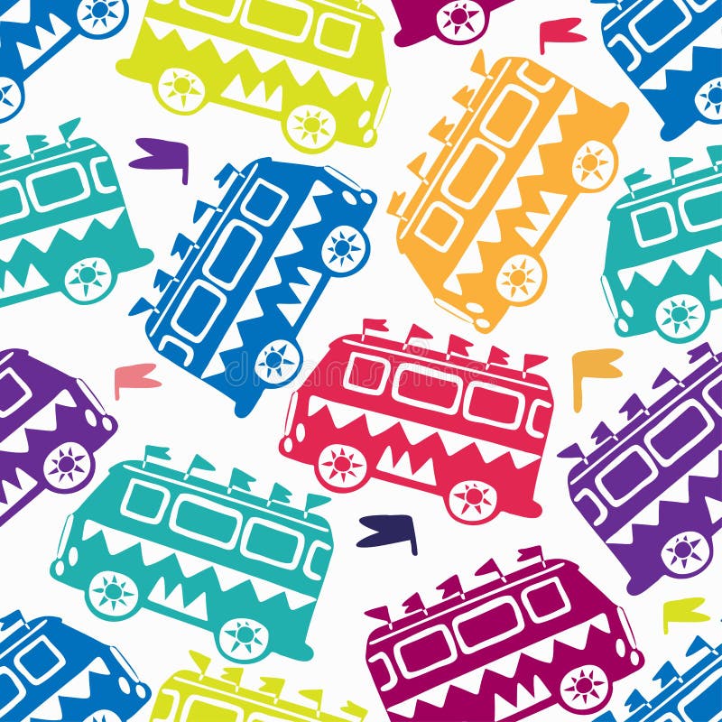 Vector Seamless Colorful Pattern Ornamental Buses with Flags on White ...