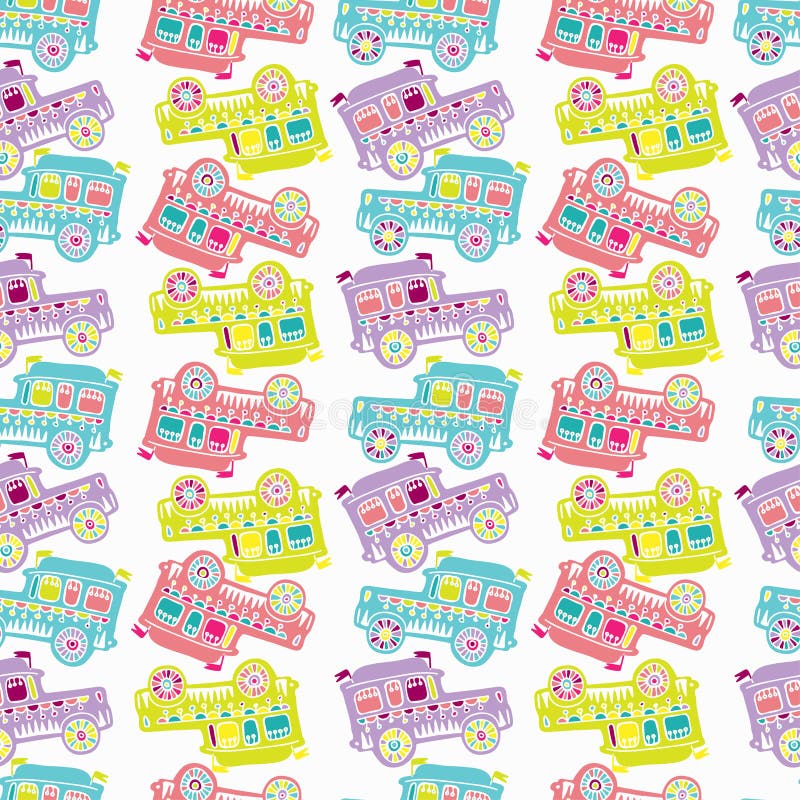 Vector Seamless Colorful Pattern Ornamental Buses with Flags on White ...