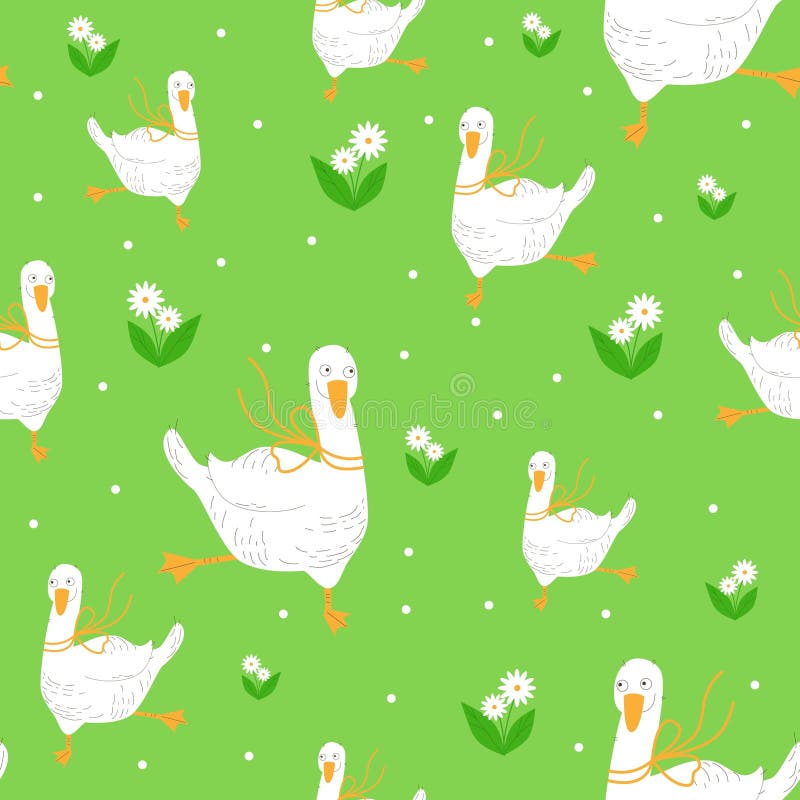 Vector Seamless Crazy White Goose or Duck with Bow , Daisies and Leaves ...