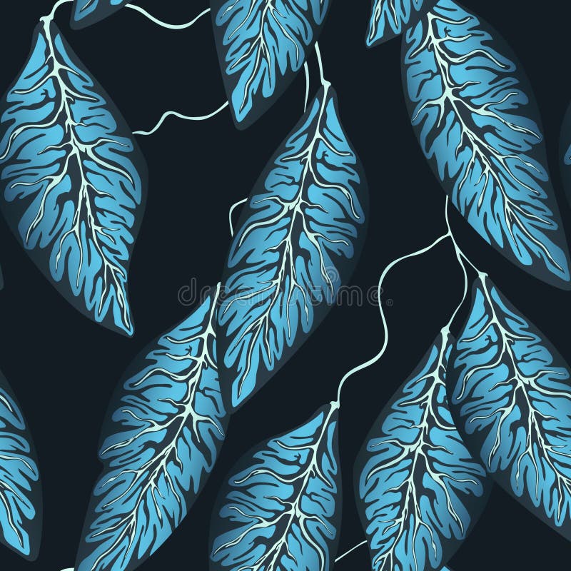Seamless Dark Blue with Veins Leafy Floral Pattern. Stock Vector ...
