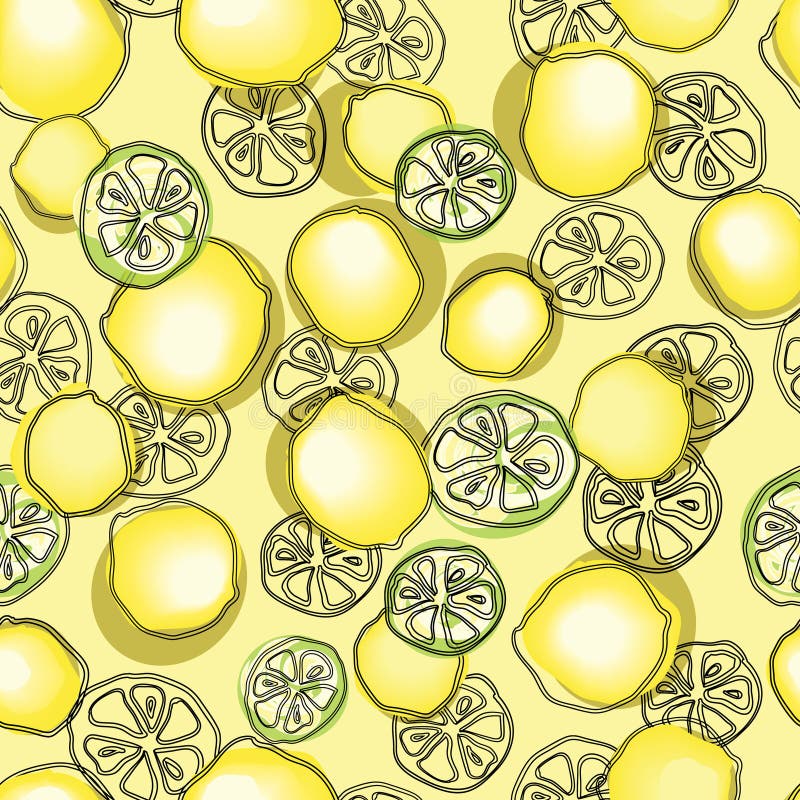Vector Seamless Doodle Hand Drawn Pattern of Lemon and Lemon Slices on ...