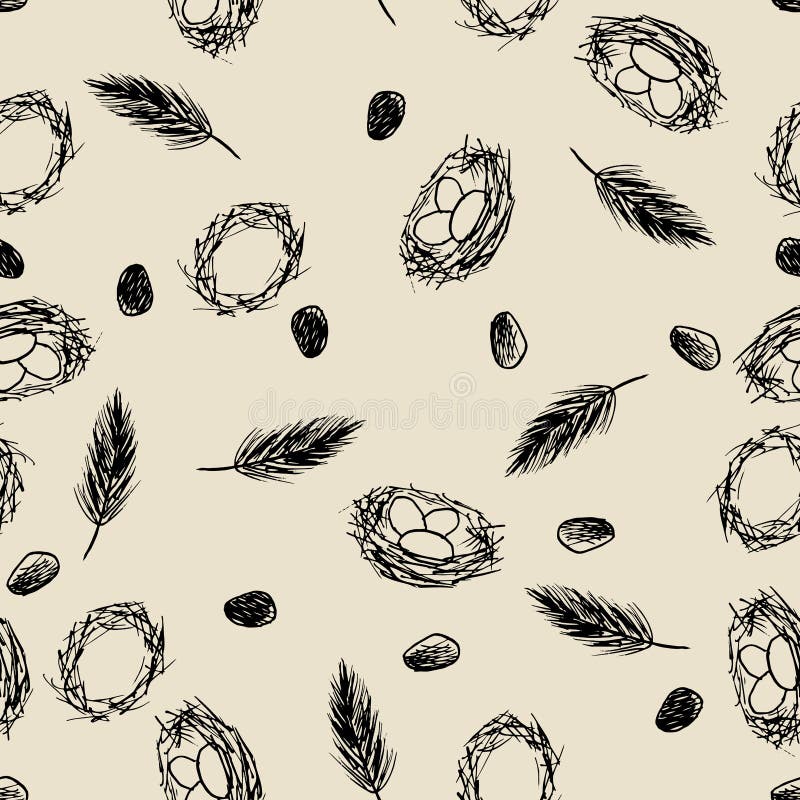 Vector Seamless Easter Pattern with Nest, Eggs and Feather Stock Vector ...