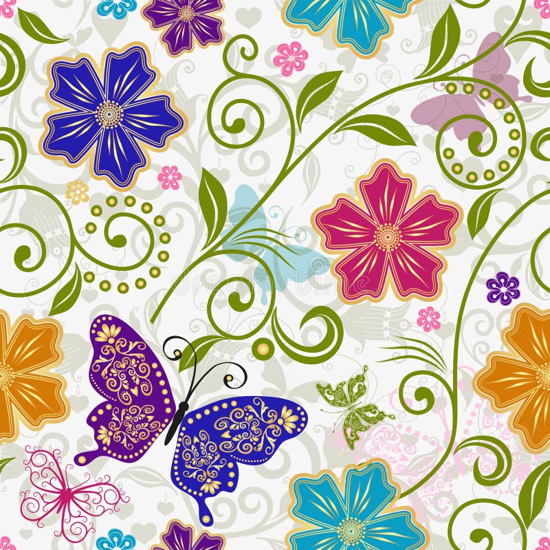 Vector Seamless Easter Spring Pattern with Flowers and Butterflies ...