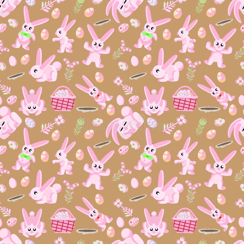 Pattern of Pink Rabbits Flowers and Easter Eggs Blue Background Stock ...