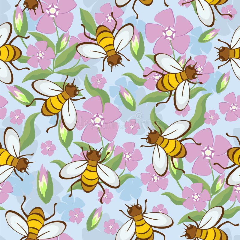Vector Seamless Floral Pattern with Bees on Pink Flowers. Stock Vector ...