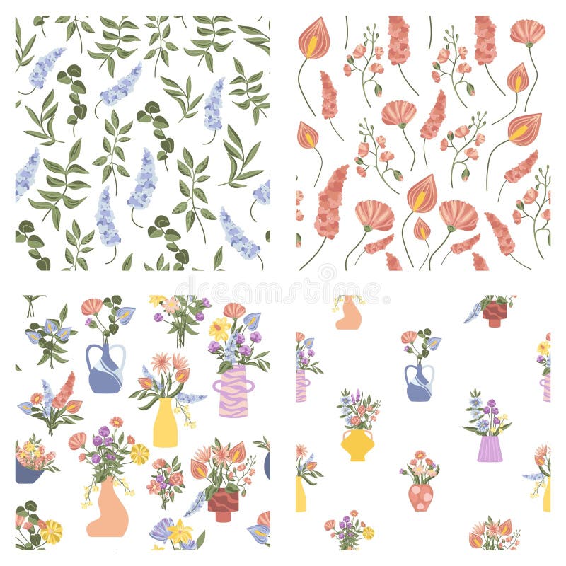 Vector Seamless Floral Pattern. Flower Bouquets in Vases, Scattered Leaves Stock Illustration ...