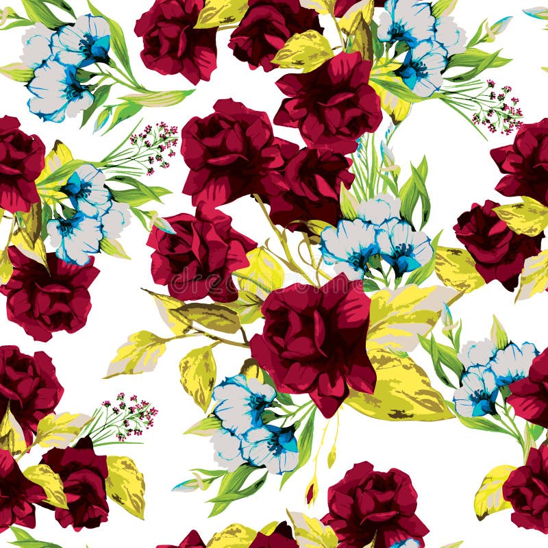 Vector Seamless Floral Pattern with Red Roses on White Background Stock ...