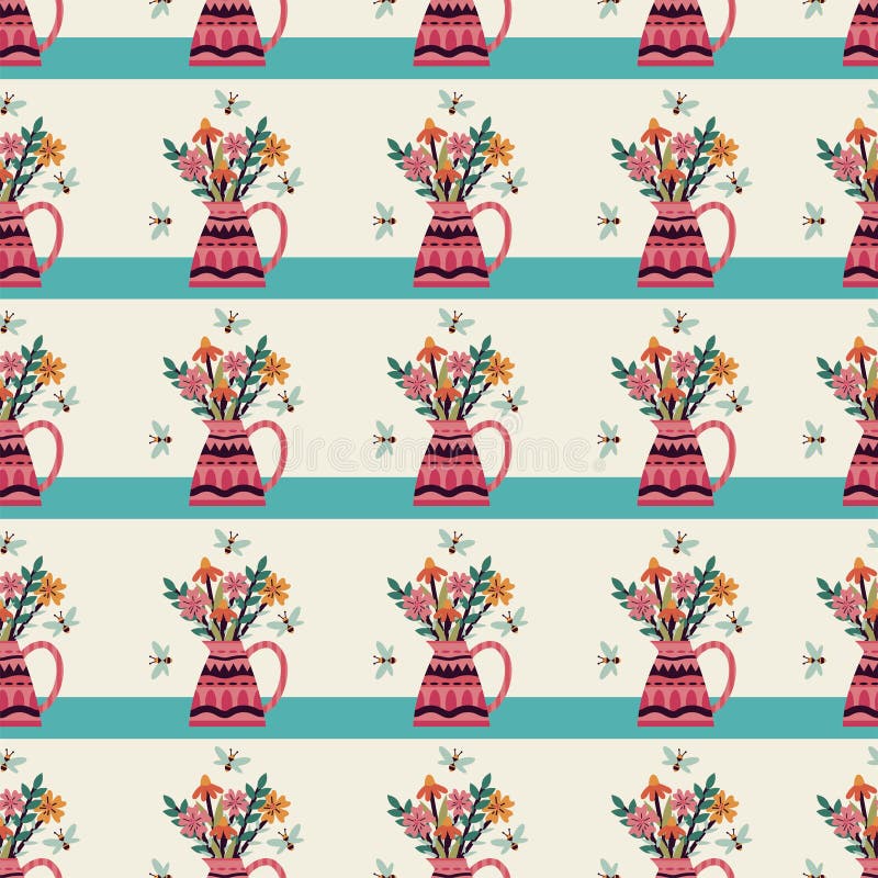 Vector Seamless Floral Pattern, Texture with Pink Vases with a Bouquet ...