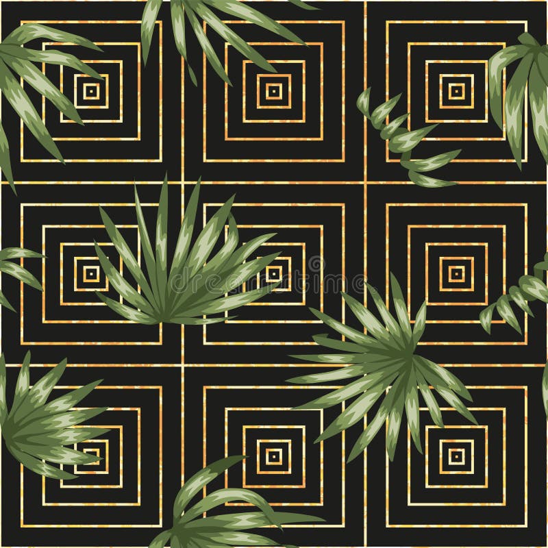 Vector Seamless Geometric Pattern with Green Palm Tree Leaves on Black ...