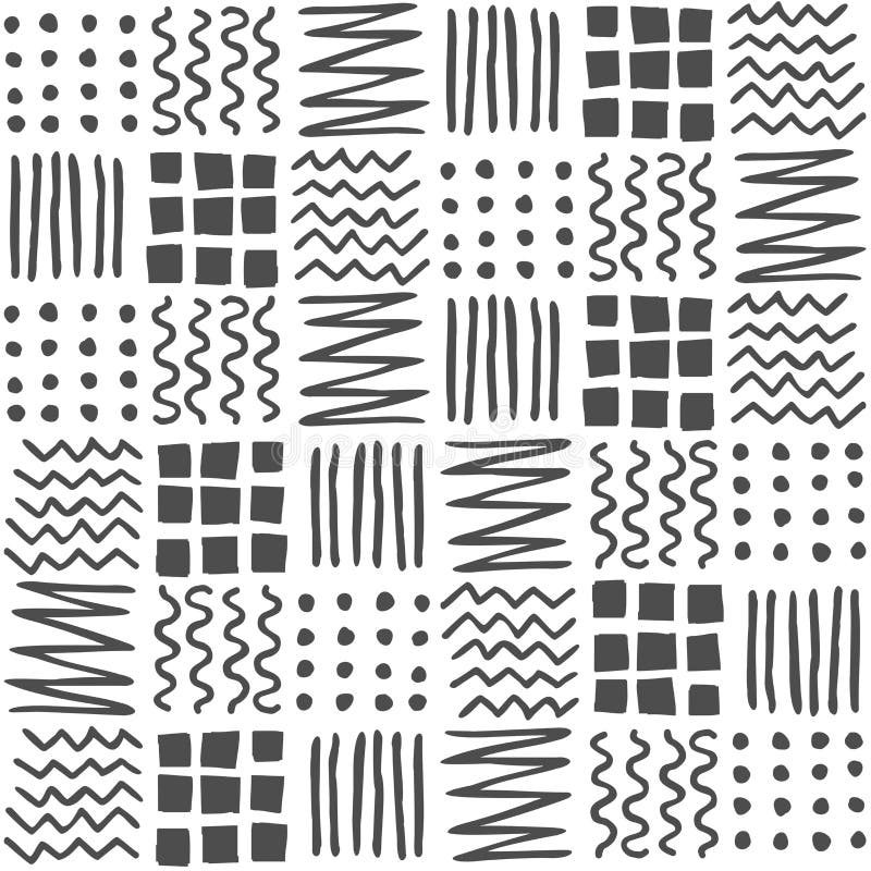 Vector Seamless Geometric Pattern of Hand-drawn Squares, Stripes, Lines ...