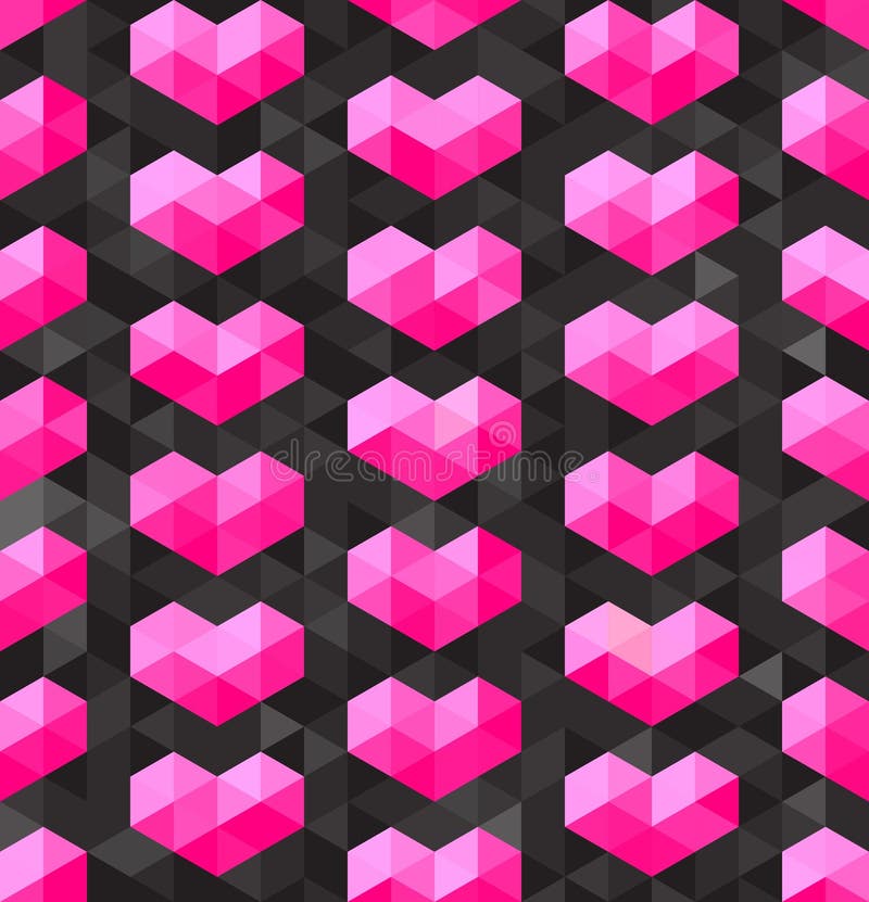 Vector Seamless Geometric Pink Hearts Shapes on Dark Triangle Polygons ...