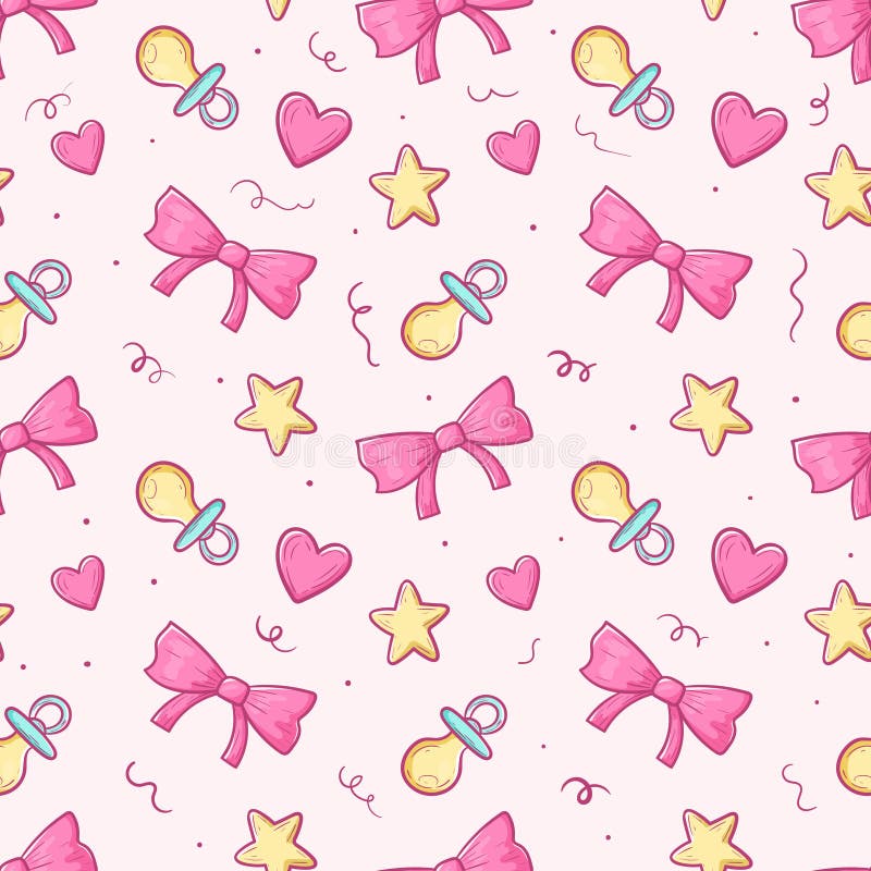 Vector Seamless Girlish Doodle Pattern, Baby Pacifier, Bows and Stars ...
