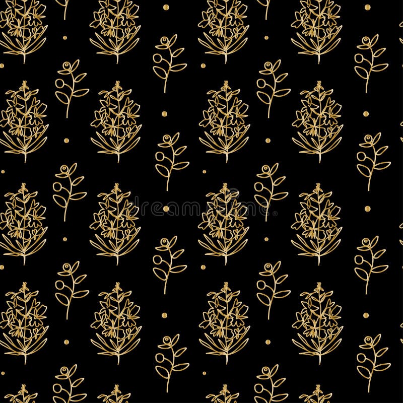 Vector Seamless Gold Floral Pattern on Black Isolated Background ...