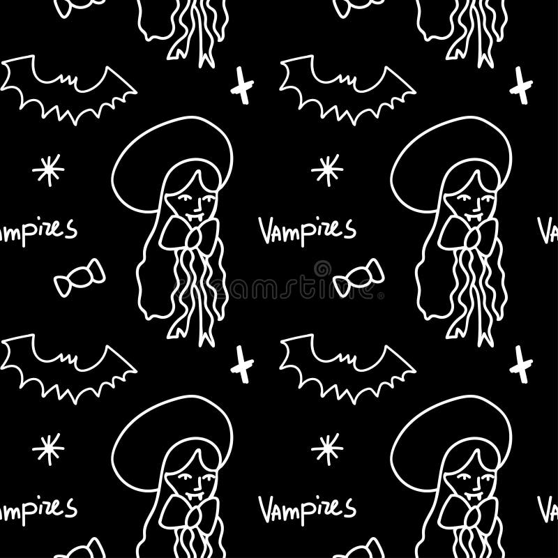 Vector Seamless Halloween Pattern with White Line on Black Background ...