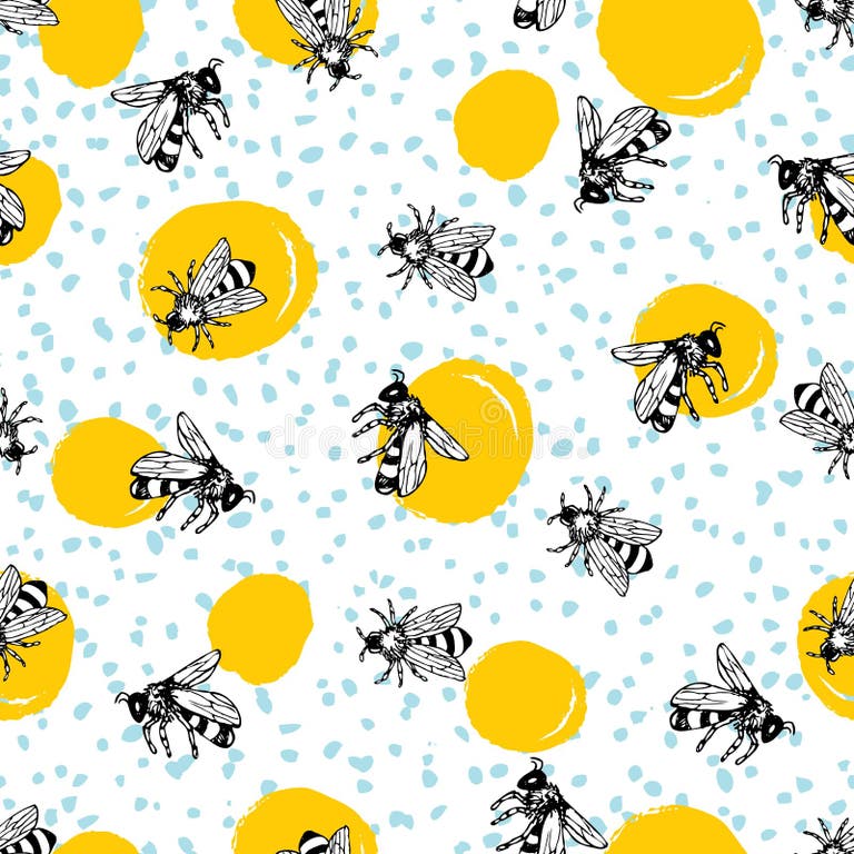 Vector Seamless Hand Drawn Honey Bee Pattern. Stock Vector ...