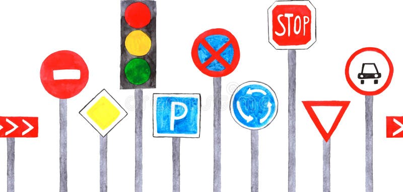 Vector Seamless Horizontal Border, Hand-drawn Watercolor Road Signs ...