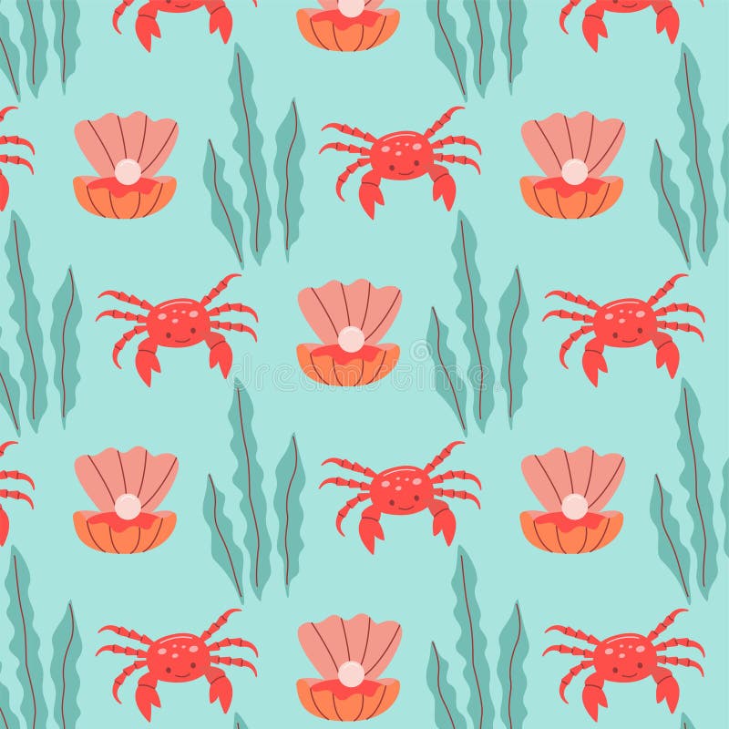 Crab with Shell, Palm Leaf, Wave and Starfish Seamless Pattern. Stock ...