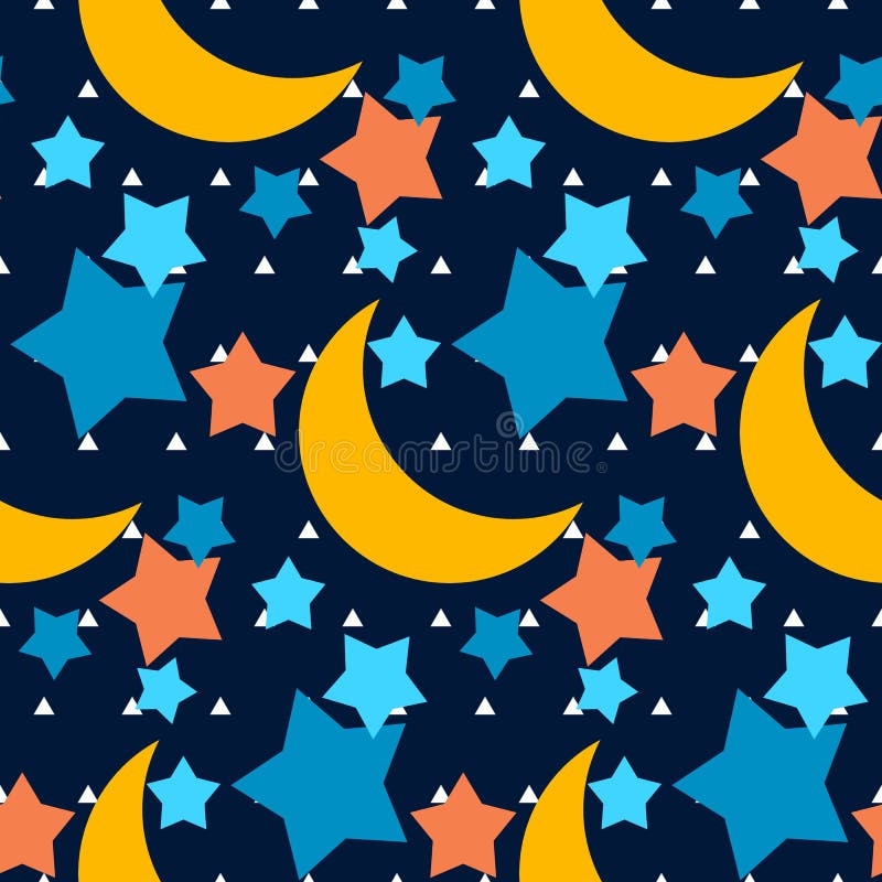 Vector Seamless Memphis Pattern with Stars and Moonlight. Night Sky ...