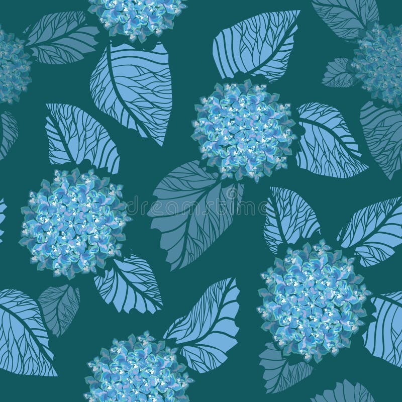 Vector, Seamless Repeat Doodle Pattern of Hydrangea Bloom on Blue ...