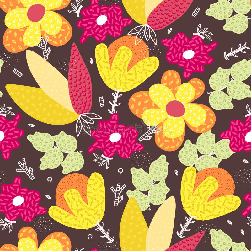 Vector Seamless Pattern. Abstract Hand Drawn Flowers with Different ...