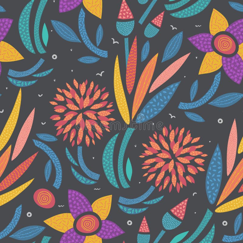 Vector Seamless Pattern. Abstract Hand Drawn Flowers with Different ...