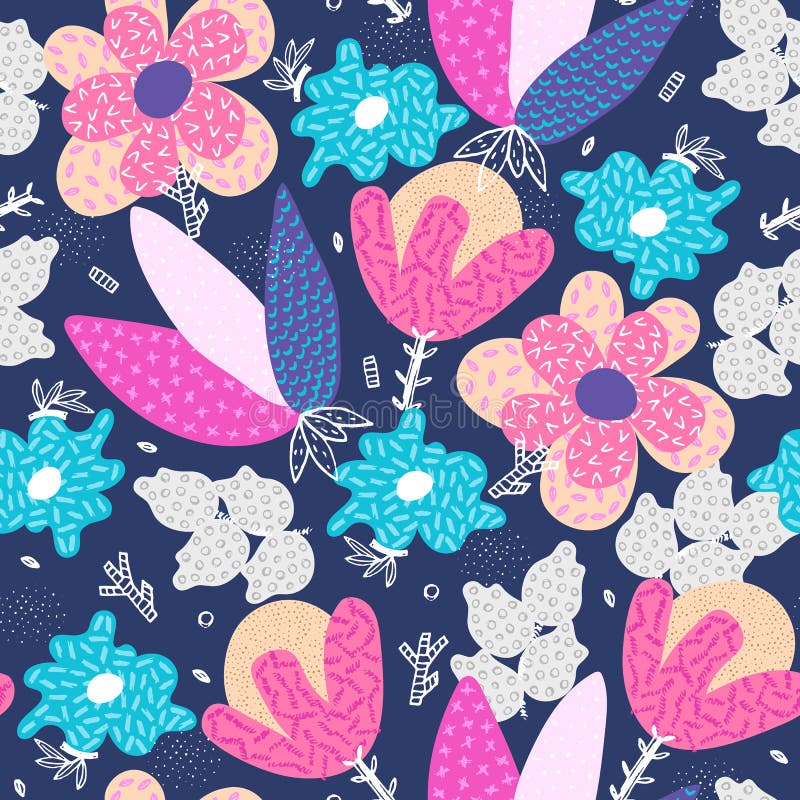 Vector Seamless Pattern. Abstract Hand Drawn Flowers with Different ...