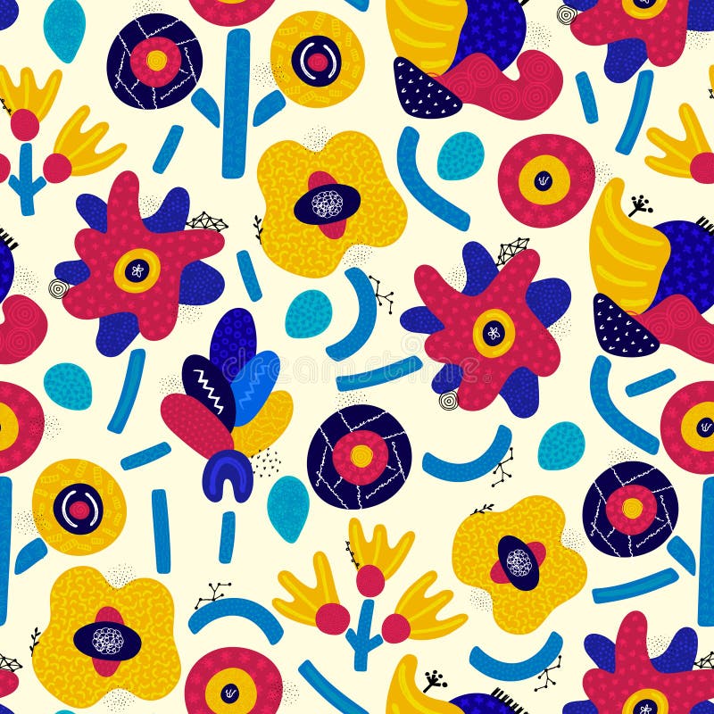 Vector Seamless Pattern. Abstract Hand Drawn Flowers with Different ...