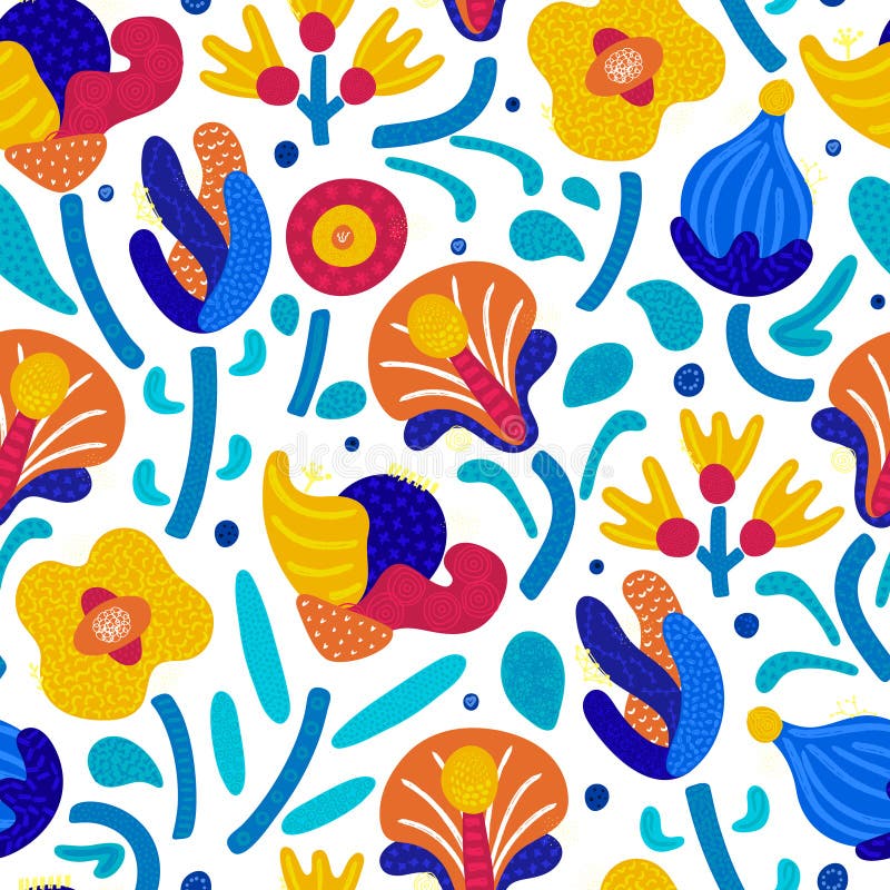 Vector Seamless Pattern. Abstract Hand Drawn Flowers with Different ...