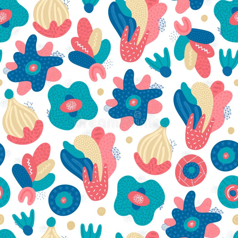 Vector Seamless Pattern. Abstract Hand Drawn Flowers with Different ...