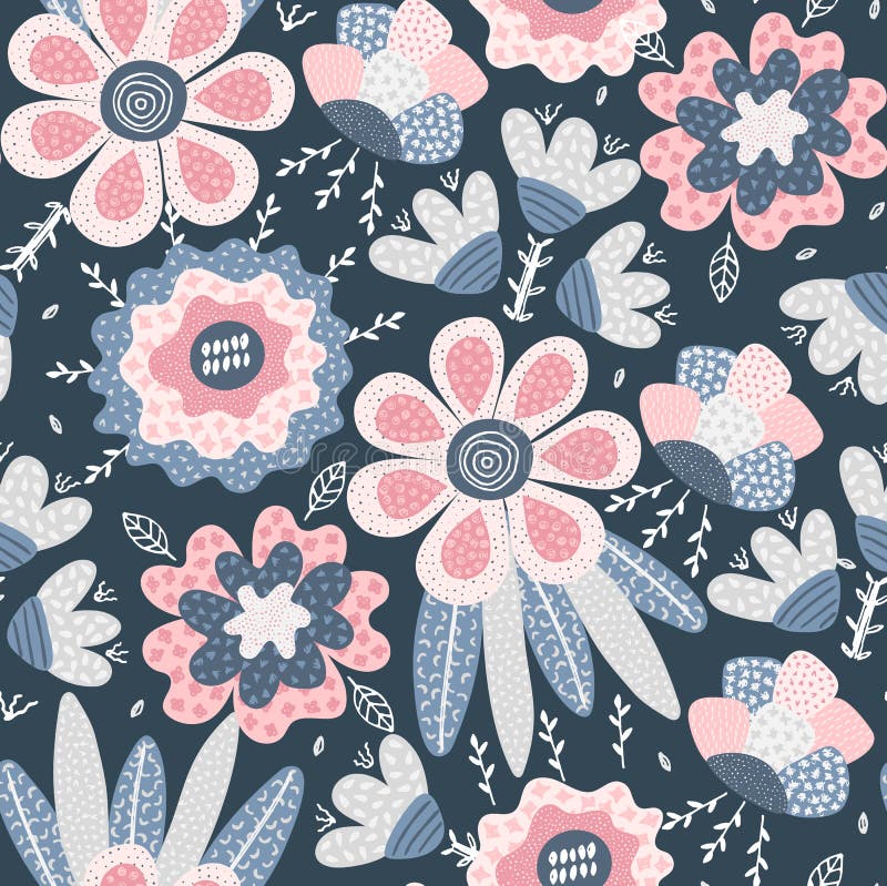 Vector Seamless Pattern. Abstract Hand Drawn Flowers with Different ...