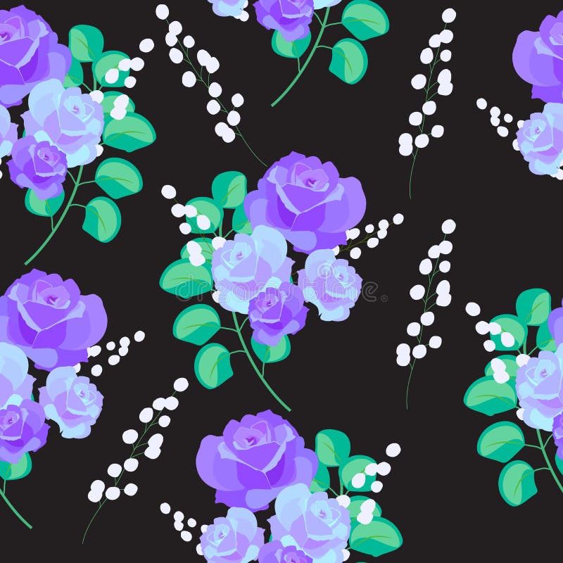 Vector Seamless Pattern with Abstract Purple Roses on Black, Floral ...