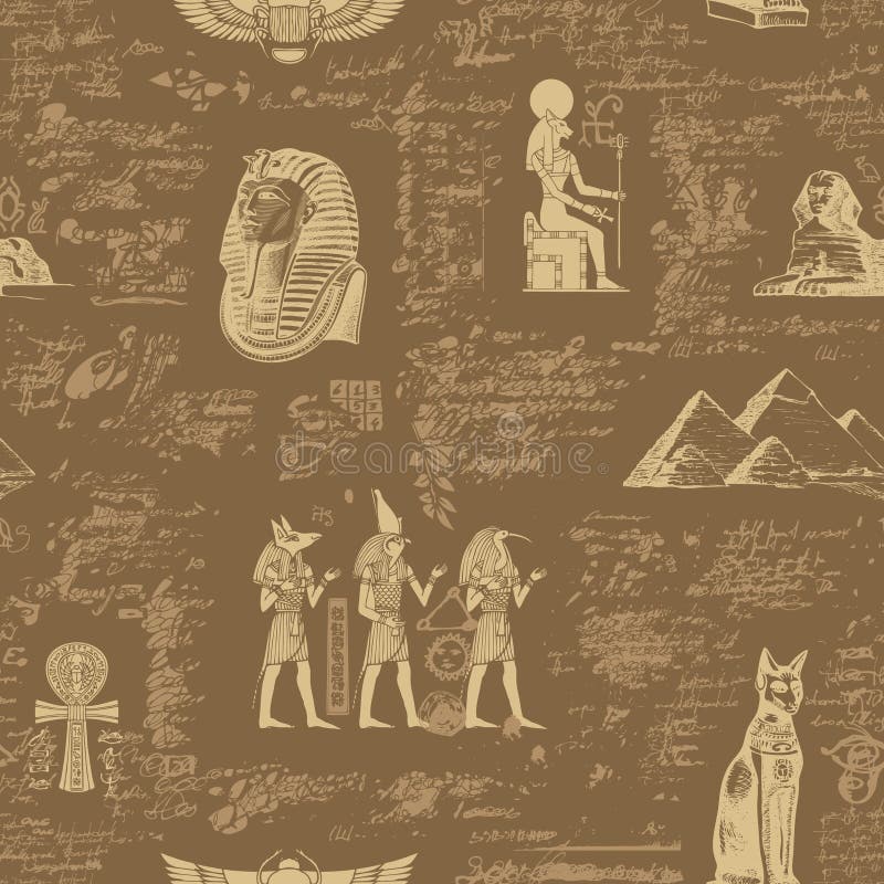Egyptian Ancient Gods, Religious Symbols and Pyramides Seamless Pattern Cartoon Vector ...